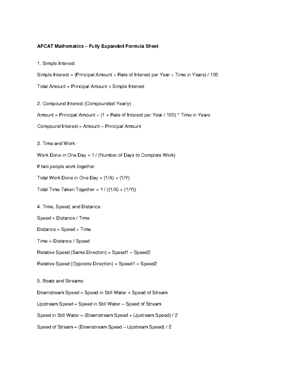 AFCAT Mathematics Formula Sheet: Key Concepts and Equations - Studocu