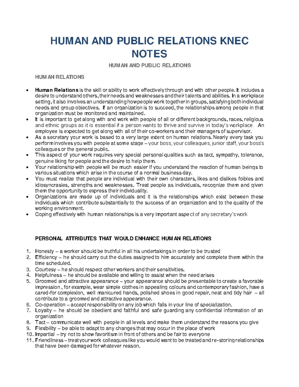 Human AND Public Relations KNEC Notes - HUMAN AND PUBLIC RELATIONS KNEC ...