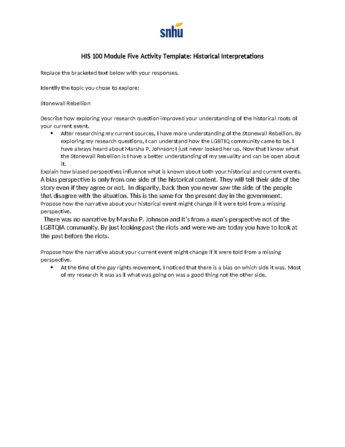 HIS 100 Module Five Activity: Historical Interpretations of Stonewall ...