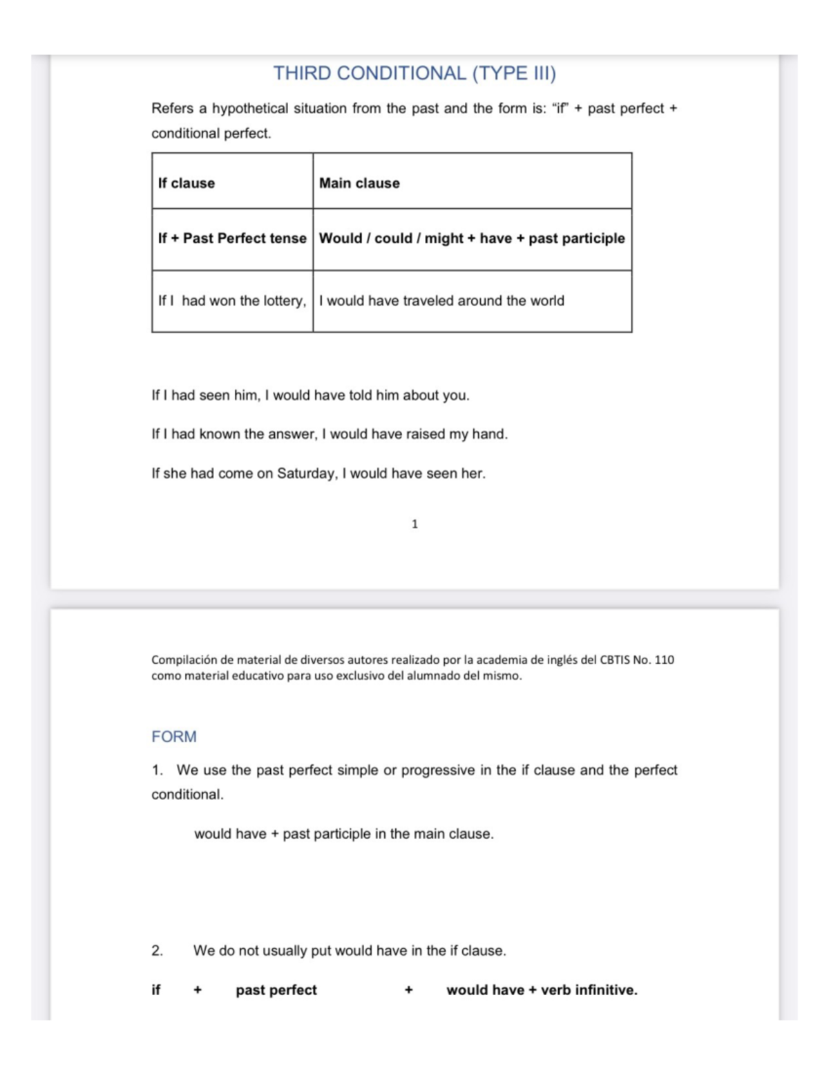 3rd conditional - tarea - THIRD CONDITIONAL (TYPE Refers a hypothetical ...