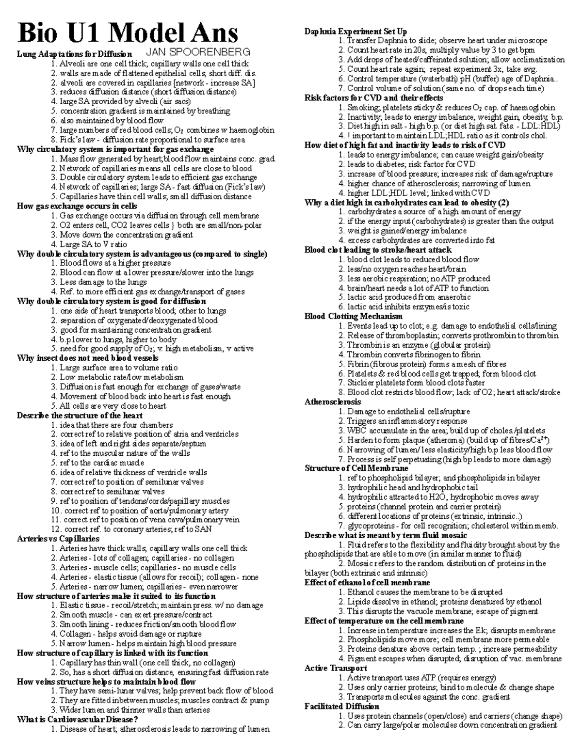 Bio U1 Final Exam Model Answers: Lung Adaptations & Gas Exchange - Studocu