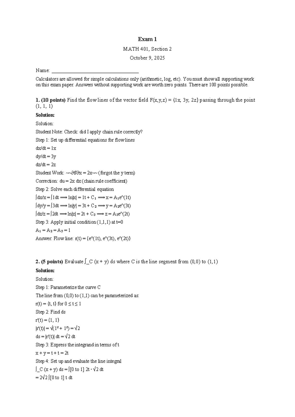 MATH 401 Exam 1 Solutions - Flow Lines, Optimization & More - Studocu