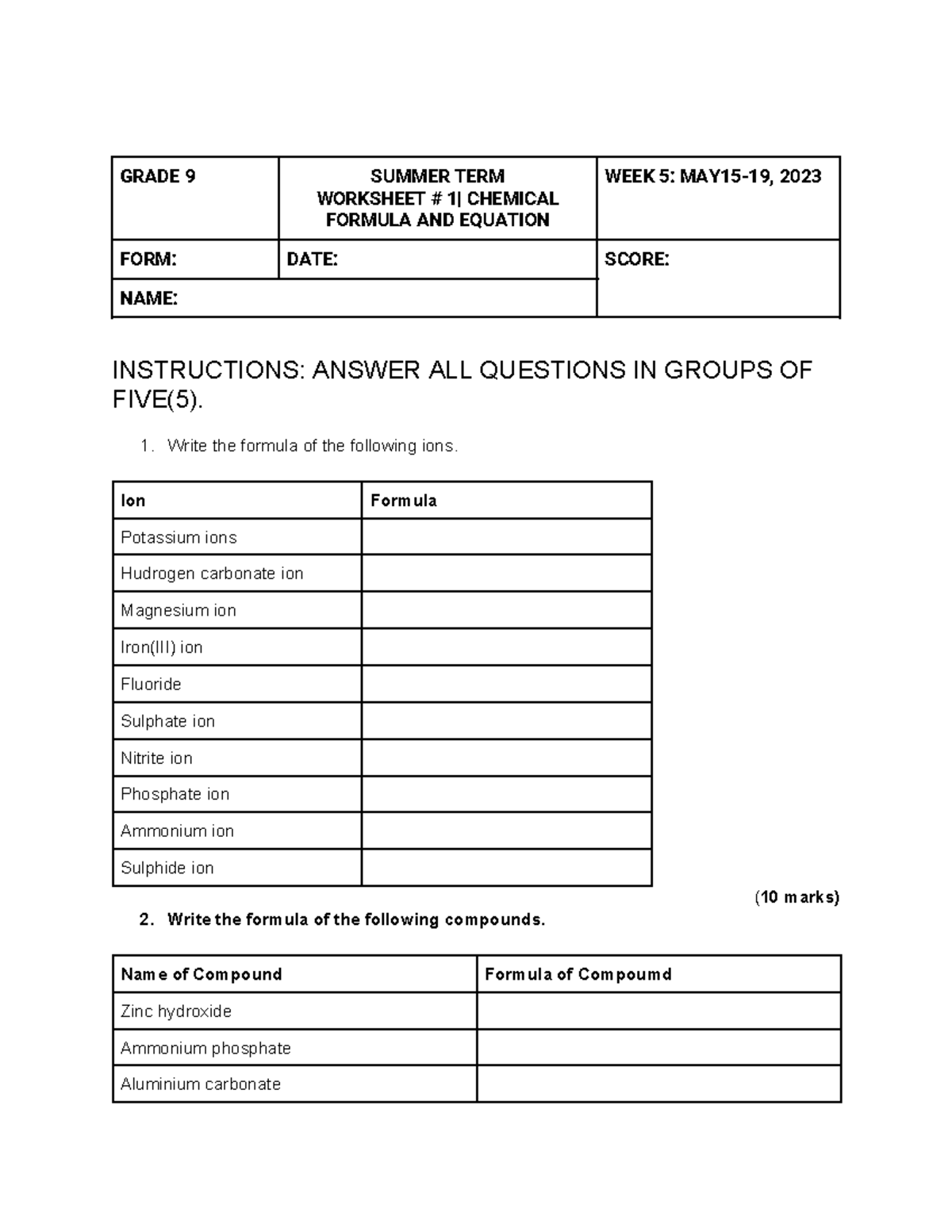 Grade 9 Worksheet 1: Chemical Formulas & Equations Review - Studocu