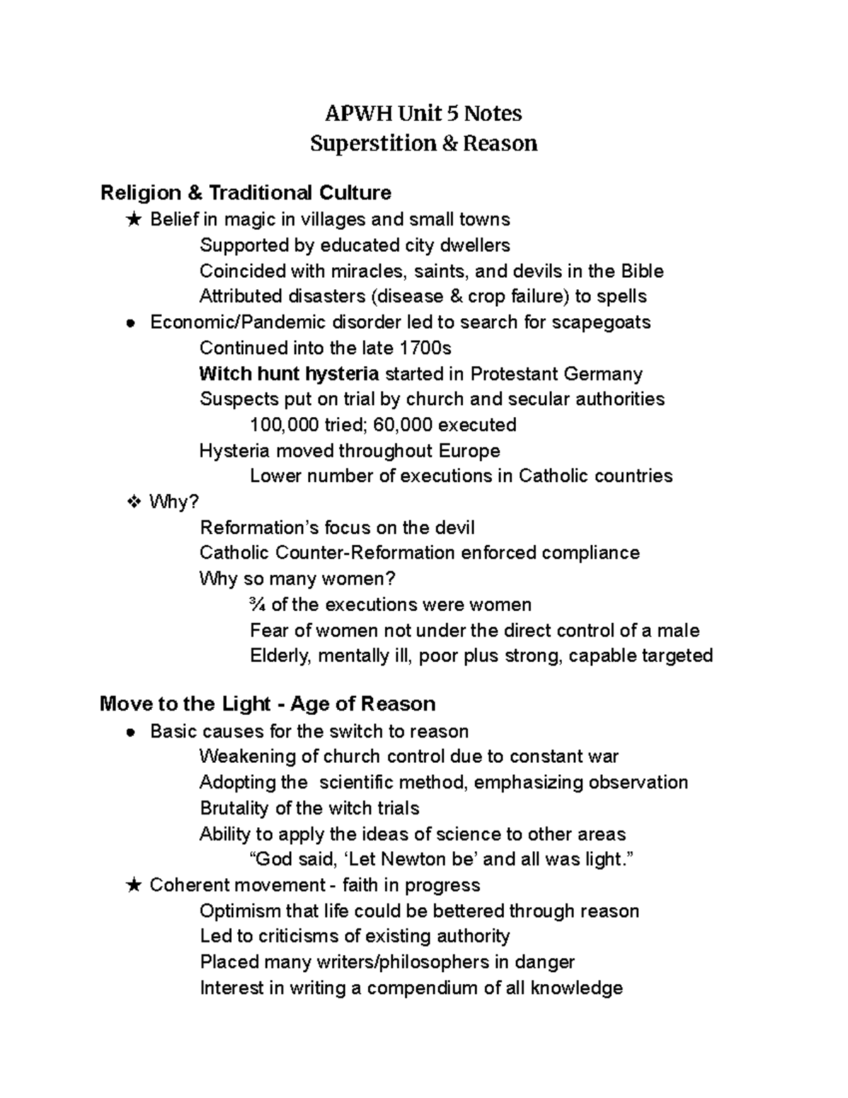 APWH Unit 5 Notes: Superstition, Reason, and Religion in History - Studocu