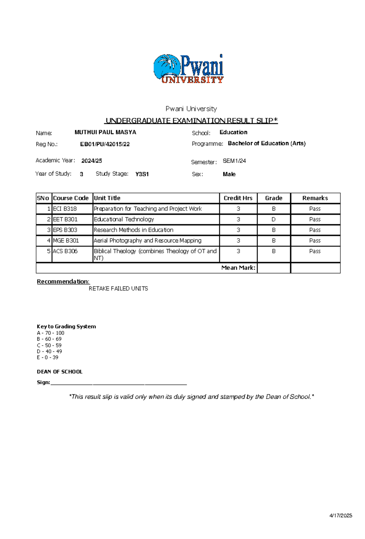 Pwani University B.Ed Exam Result Slip - Muthui Paul Masya Y3S1 - Studocu