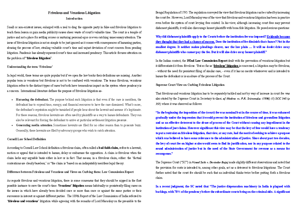 Critical Analysis of Frivolous and Vexatious Litigation Issues - Studocu