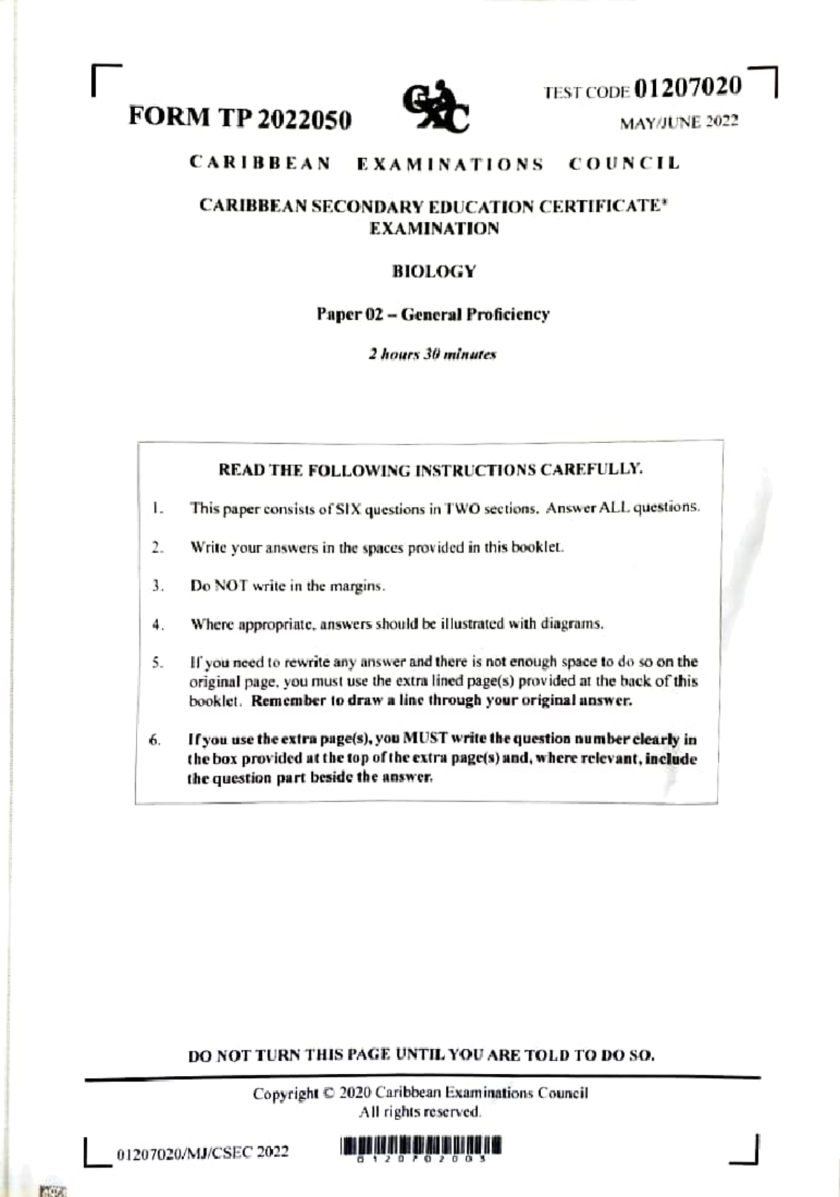 CSEC Bio 2022 June P2 - General Proficiency Past Paper Questions - Studocu