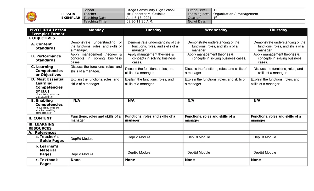 ANNOTATION: Lesson Plan for Organization & Management (OM 1st Qtr ...