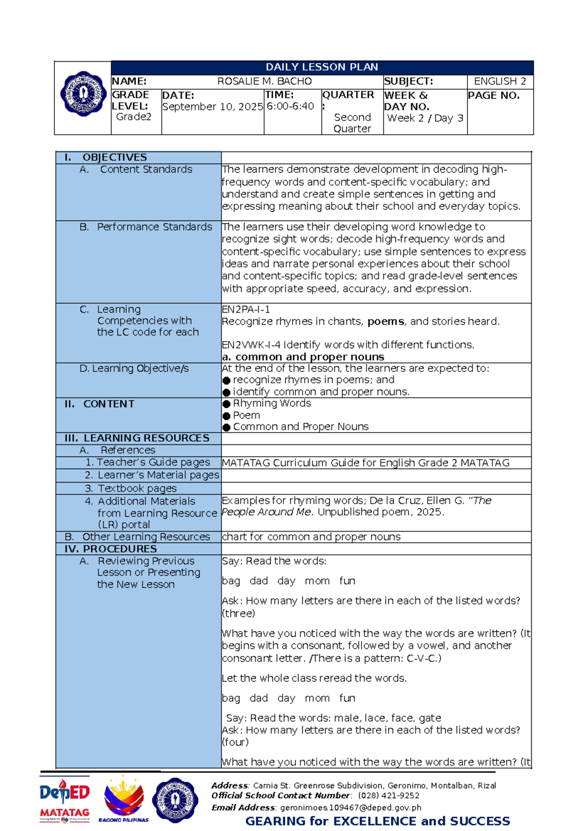 Q1 English 2 Lesson Plan: Week 2, Day 3 Overview - Studocu