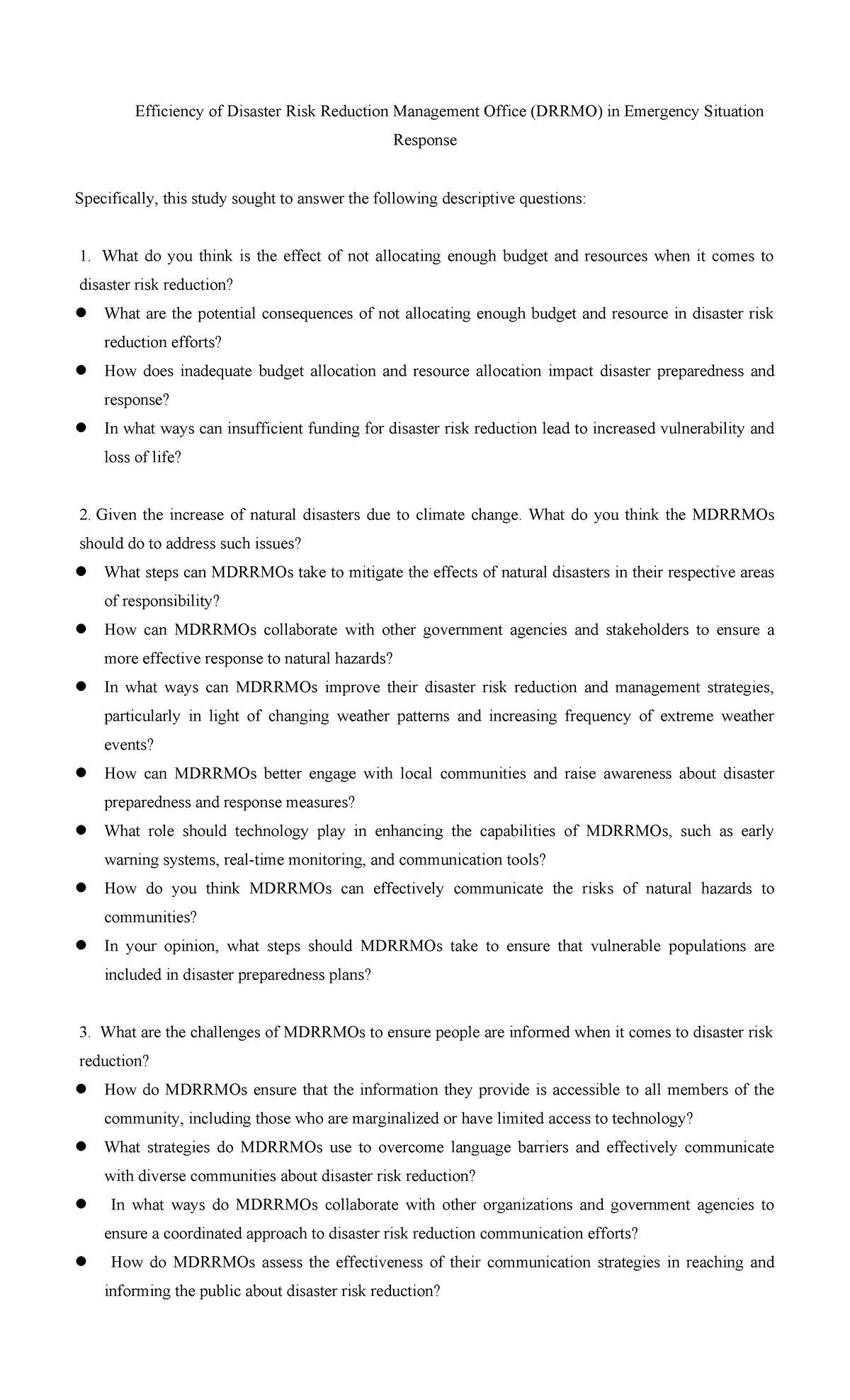 Questionnaires - bvn - Efficiency of Disaster Risk Reduction Management ...