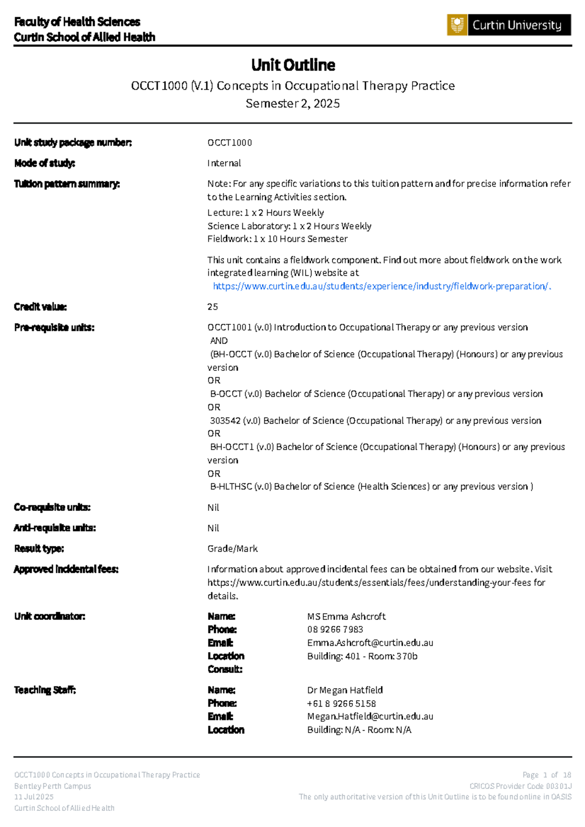 OCCT1000 Unit Outline: Concepts in Occupational Therapy Practice ...