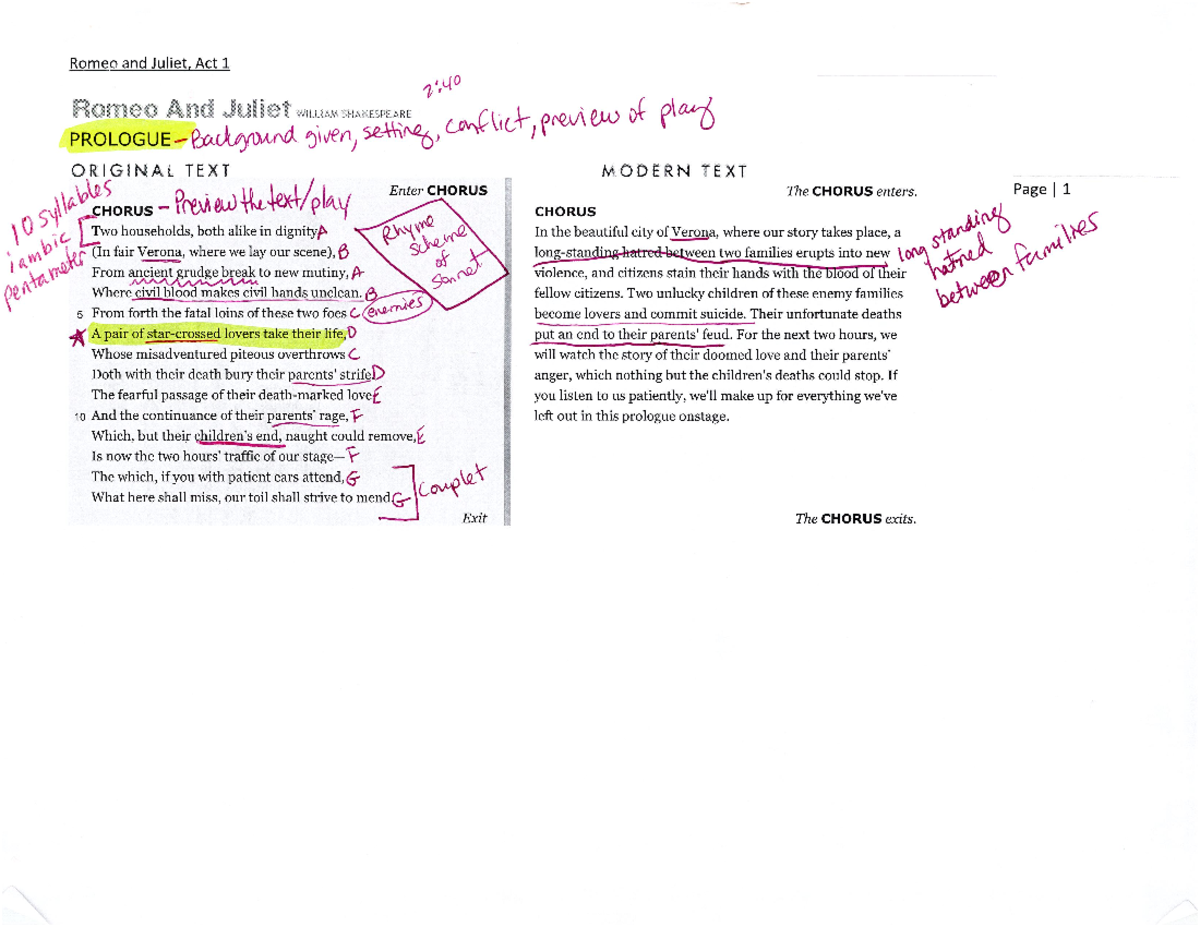 Act 1 Prologue Scenes 1&2 Annotated - Romeo and Juliet, Act 1 2:40 ...