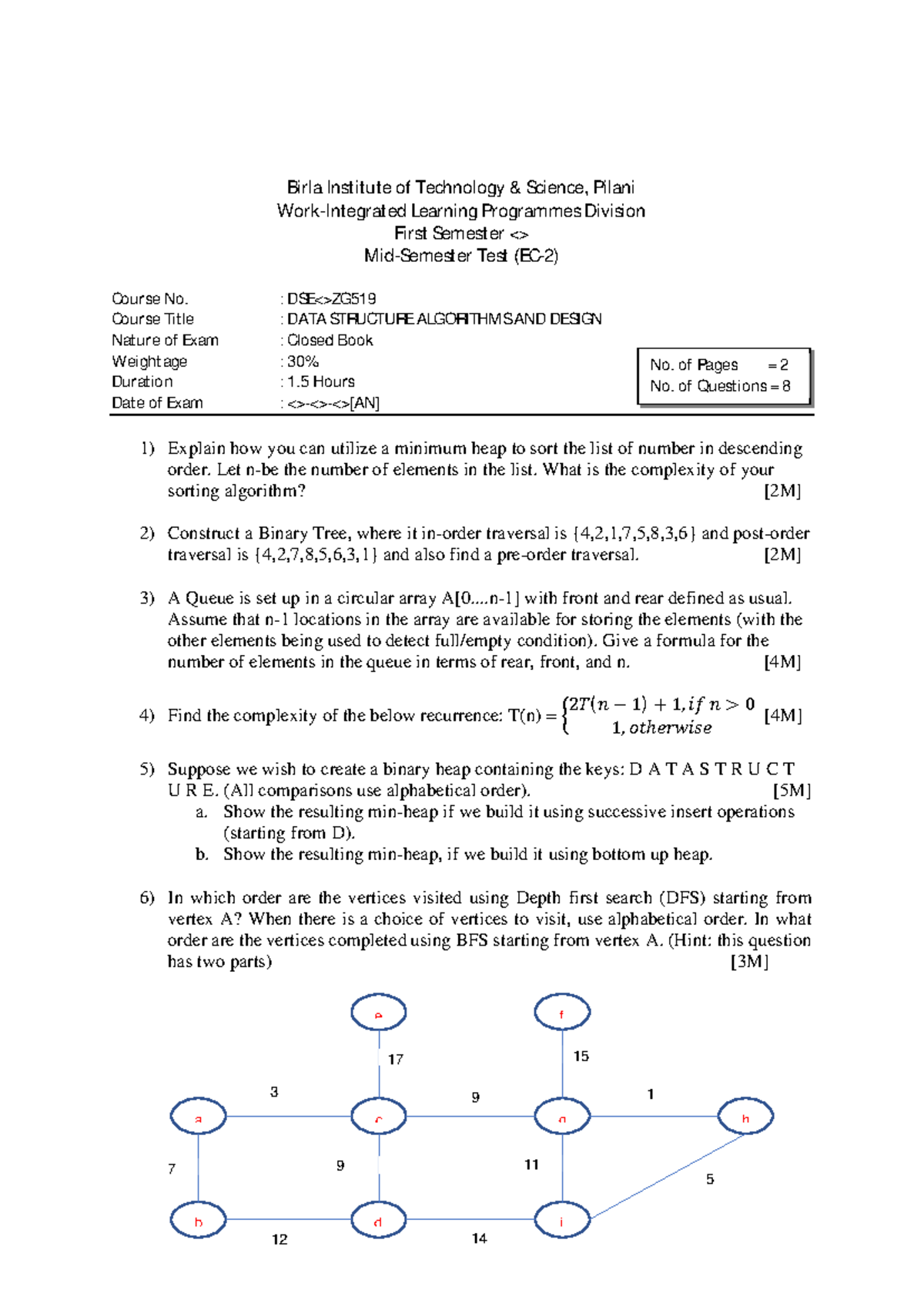 BITS Pilani DSE ZG Mid-Sem Exam: Data Structures & Algorithms QP - Studocu