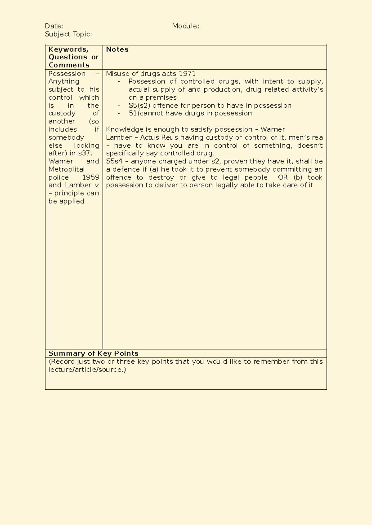 Possession and Control: Key Notes on Misuse of Drugs Act 1971 - Studocu