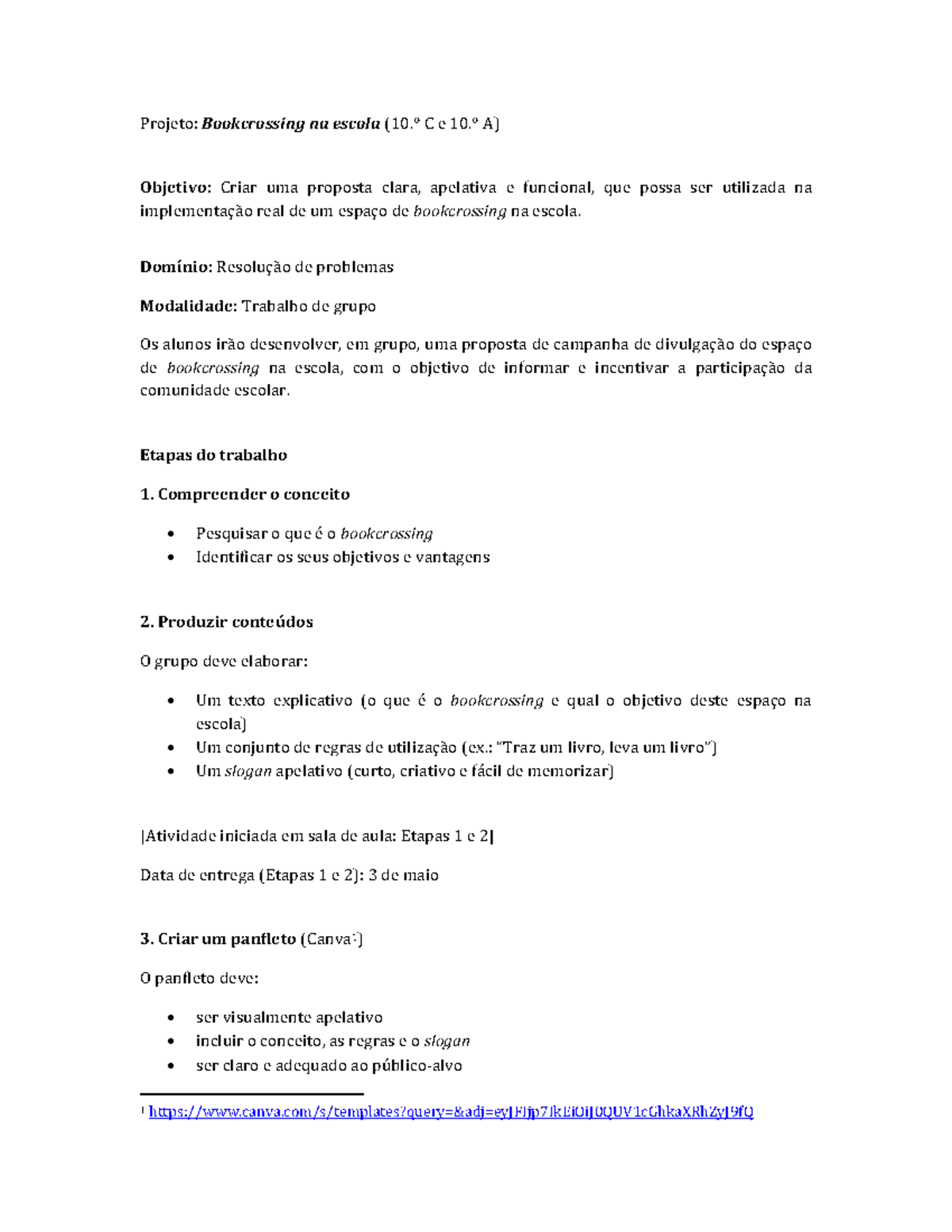 Projeto: Bookcrossing na Escola - 10.º C e 10.º A - Studocu