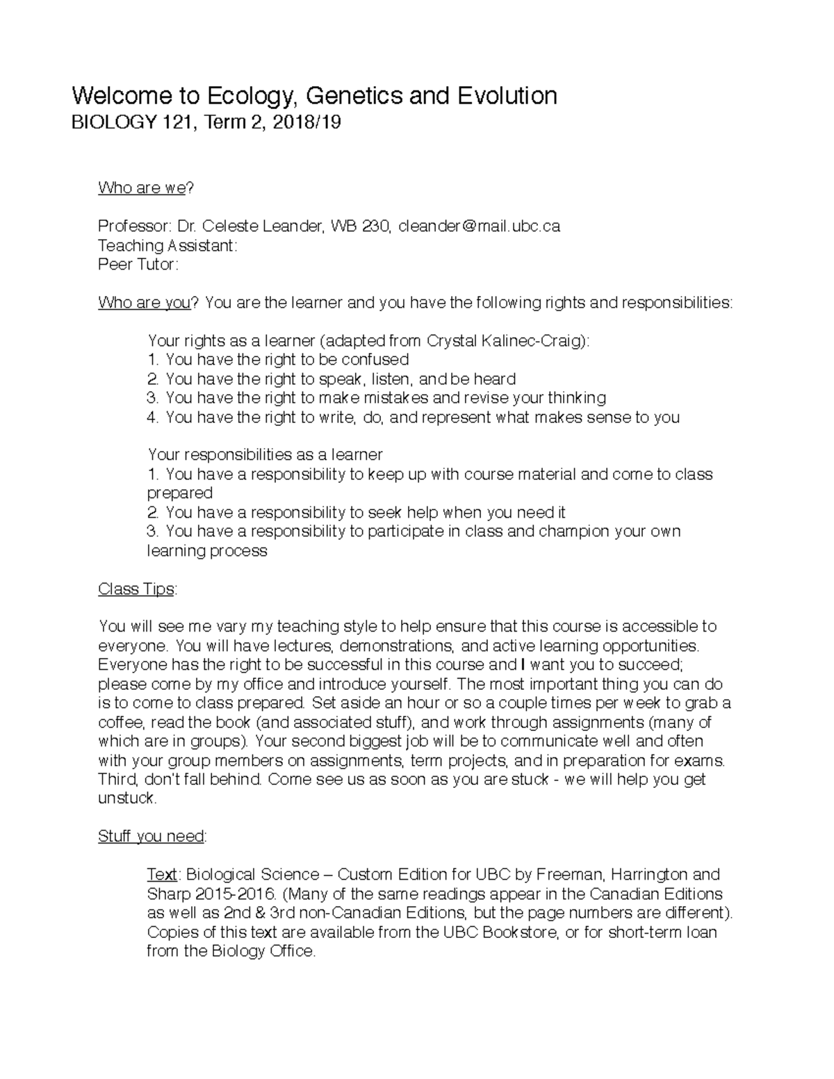 Syllabus for Ecology, Genetics & Evolution BIOLOGY 121, Term 2 - Studocu