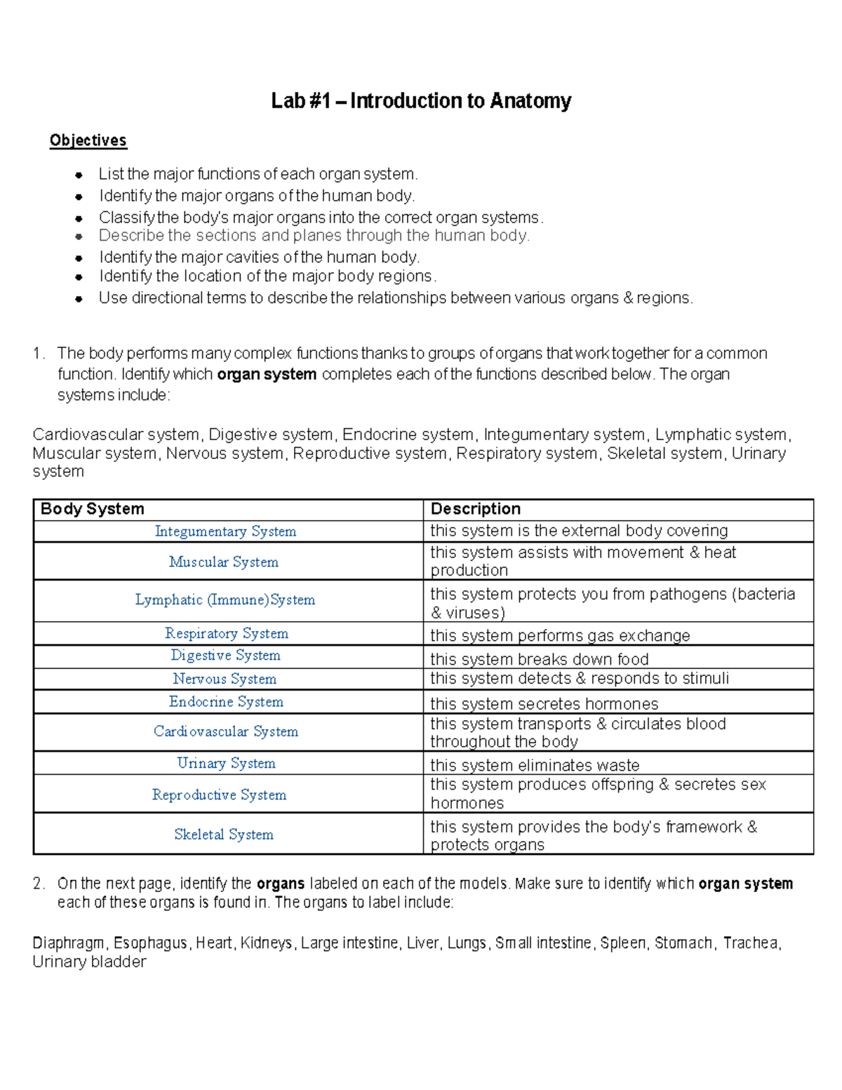 BIOL 2401 - Lab 1: Anatomy Organ Systems & Functions Overview - Studocu