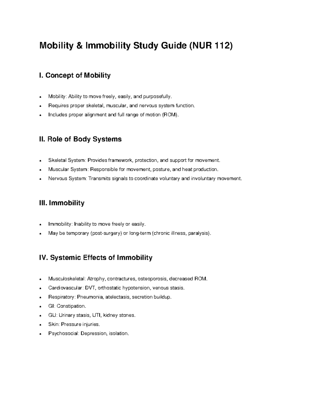 Mobility and Immobility Study Guide (NUR 112) - Studocu