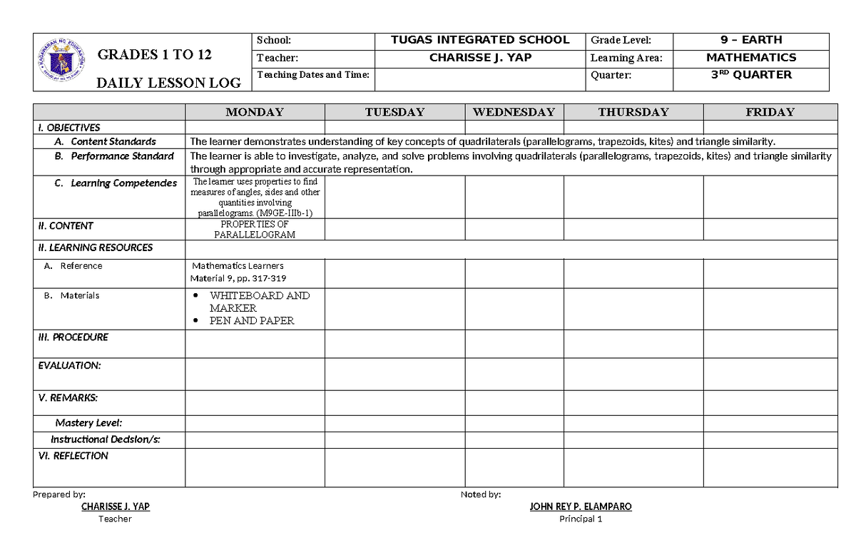 DLL-Blank - daily lesson guide for any subject - GRADES 1 TO 12 DAILY ...