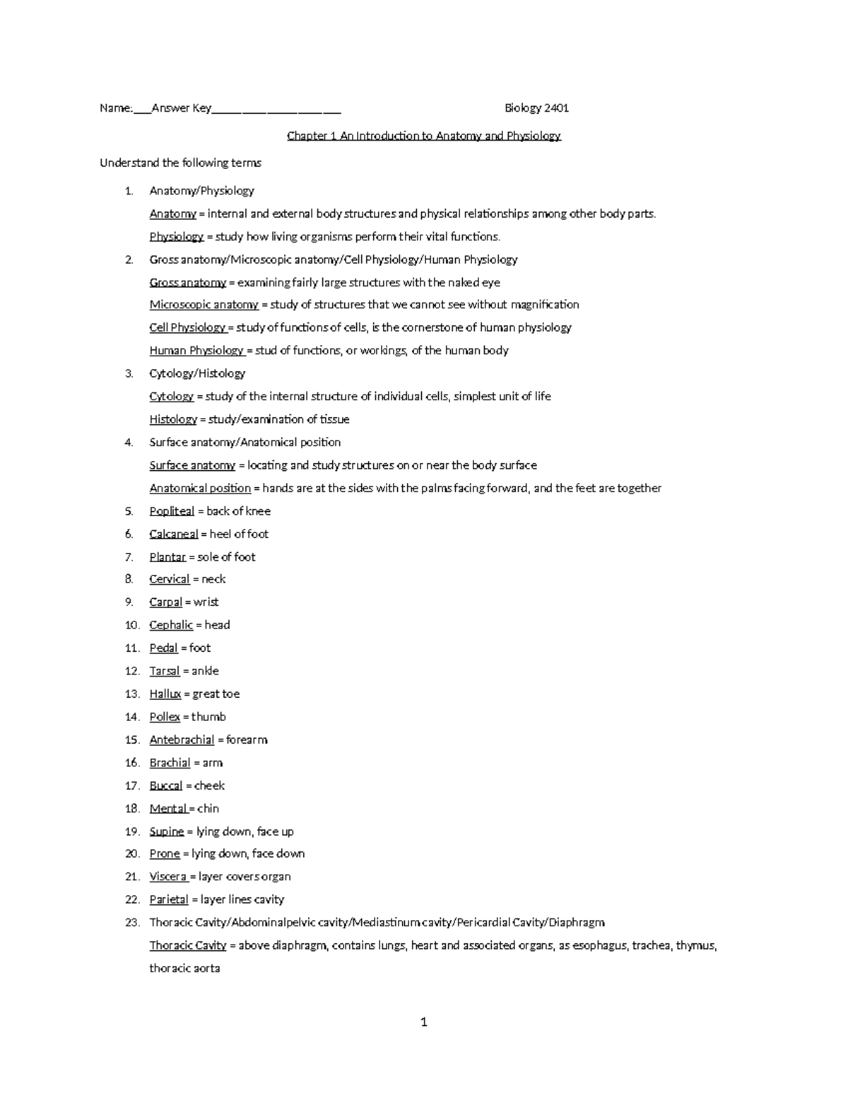 Biology 2401 Answer Key: Ch. 1 Intro to Anatomy & Physiology - Studocu