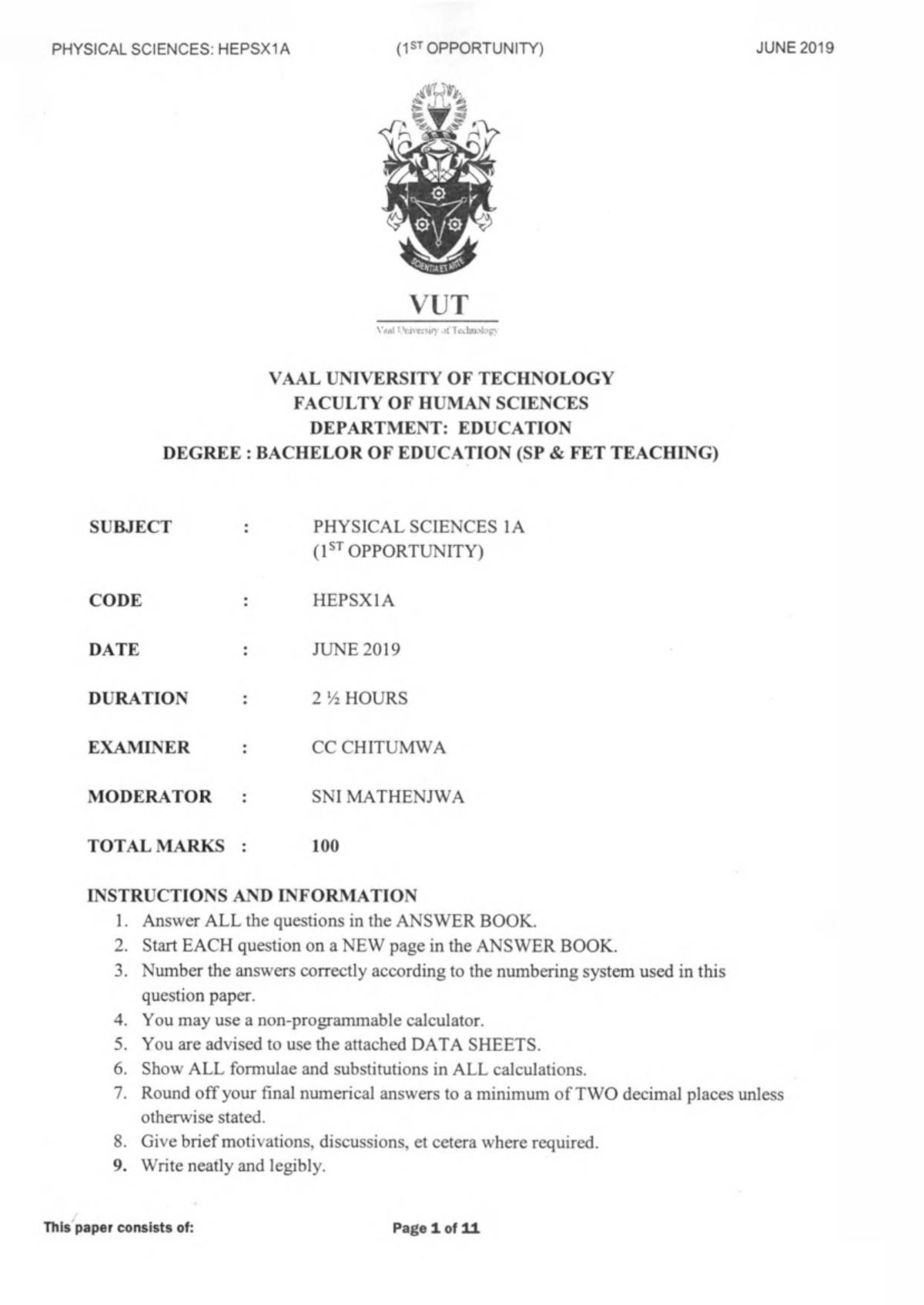 PHYSICAL SCIENCES HEPSX1A Final Exam June 2019 - Studocu