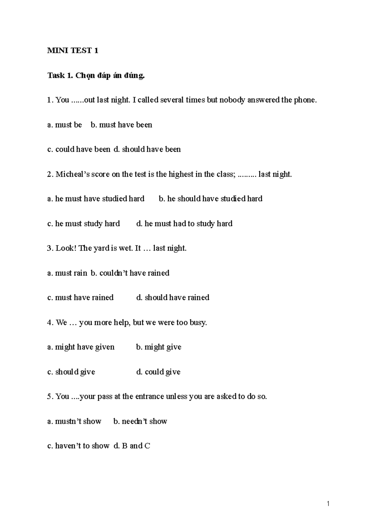 MINI TEST 1 - English Grammar - MINI TEST 1 Task 1. Chọn đáp án đúng ...