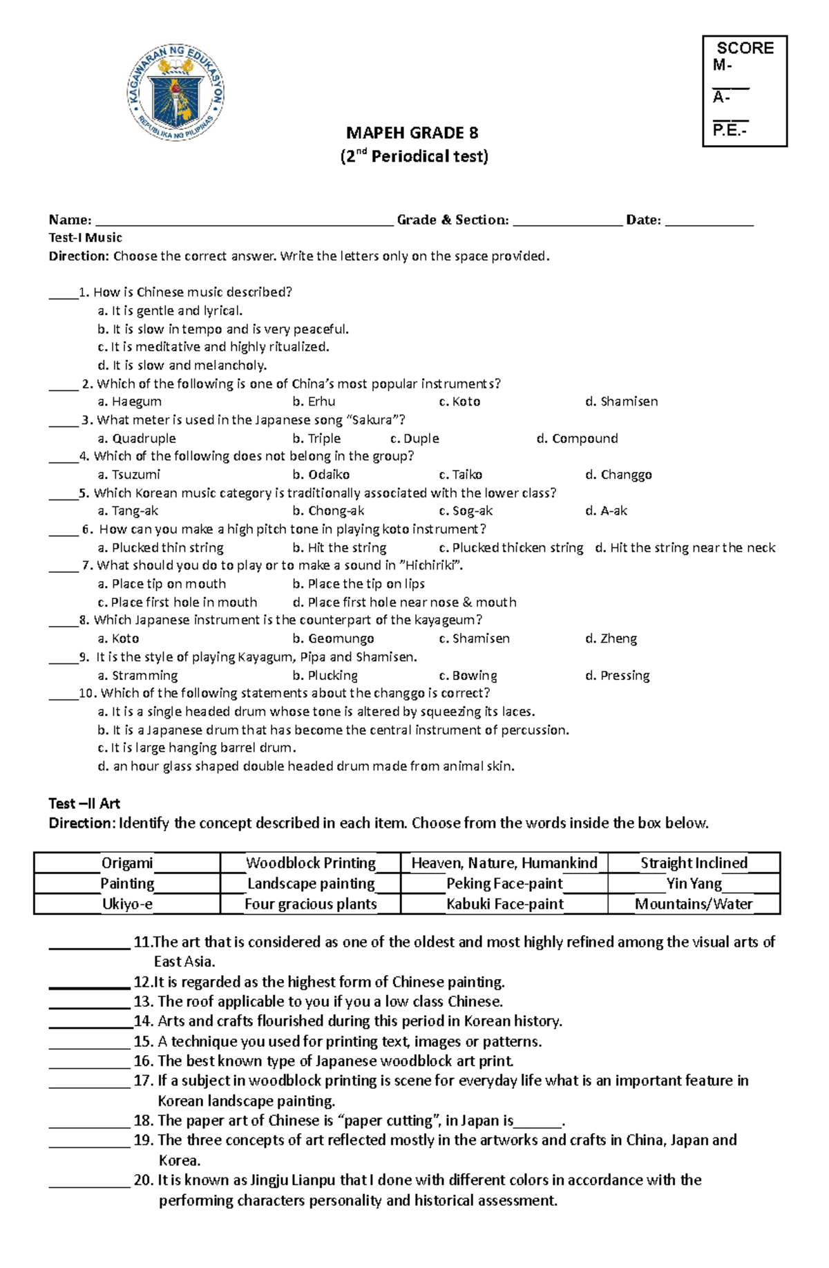 2nd periodical exam with TOS - MAPEH GRADE 8 (2nd Periodical test) Name ...