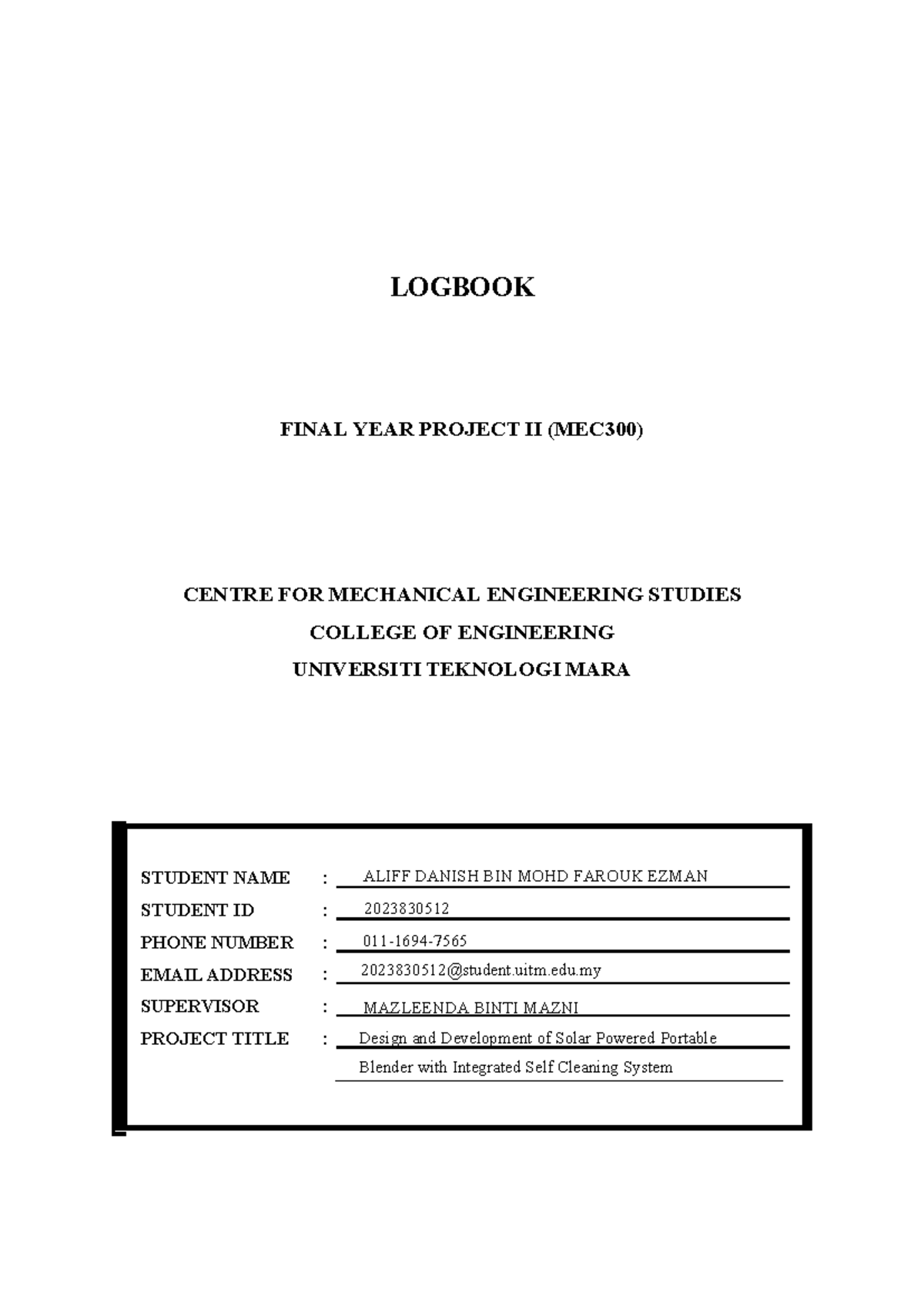 CEEM110 Final Year Project Logbook: Week 8 Activities & Updates - Studocu