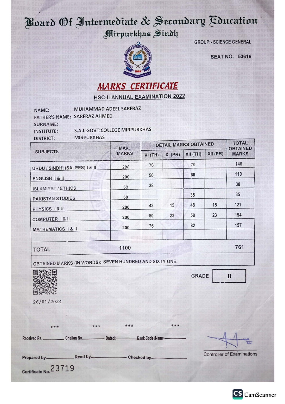 HSSC 2022 Marks Certificate - Muhammad Adeel Sarfraz - Studocu