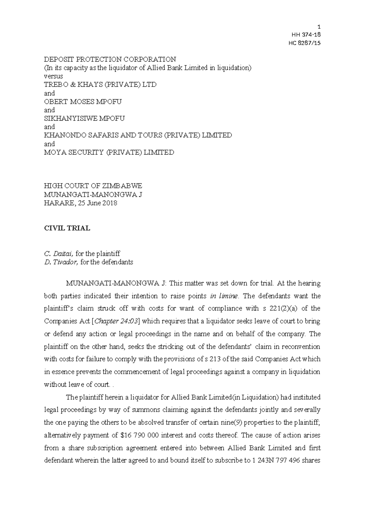 HH 374-18: Liquidation Case Analysis - Allied Bank vs. Trebo Khays ...