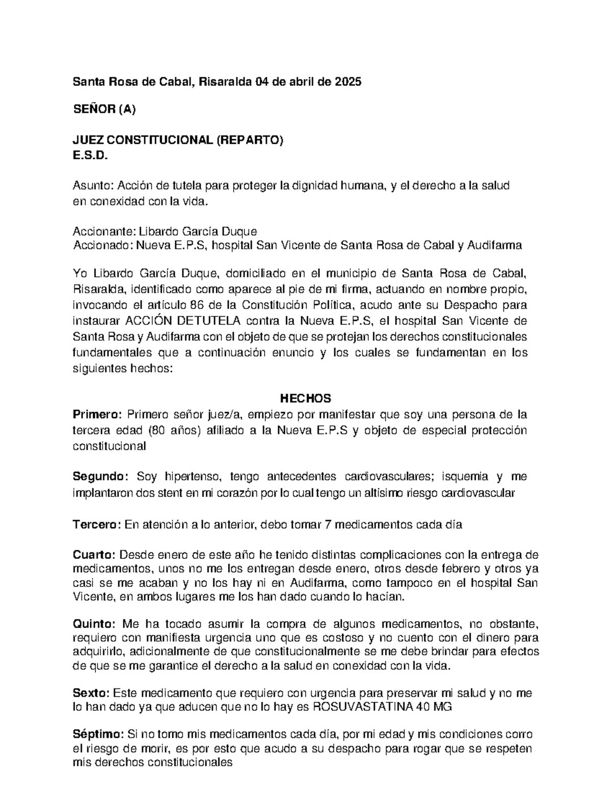 Tutela de Derechos a la Salud y Dignidad Humana - Libardo García Duque ...