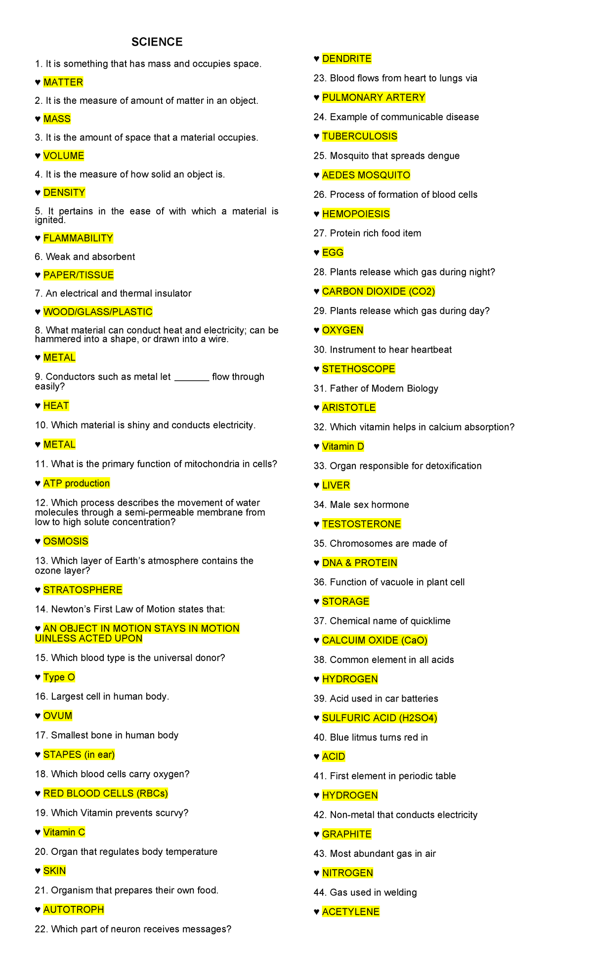 SCIENCE 1: Comprehensive Questionnaire on Key Concepts - Studocu