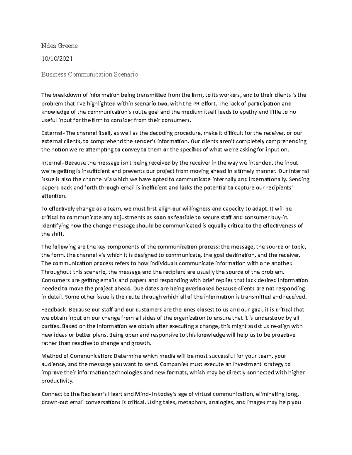 Business Communication Scenario - Ndea Greene 10/10/ Business ...