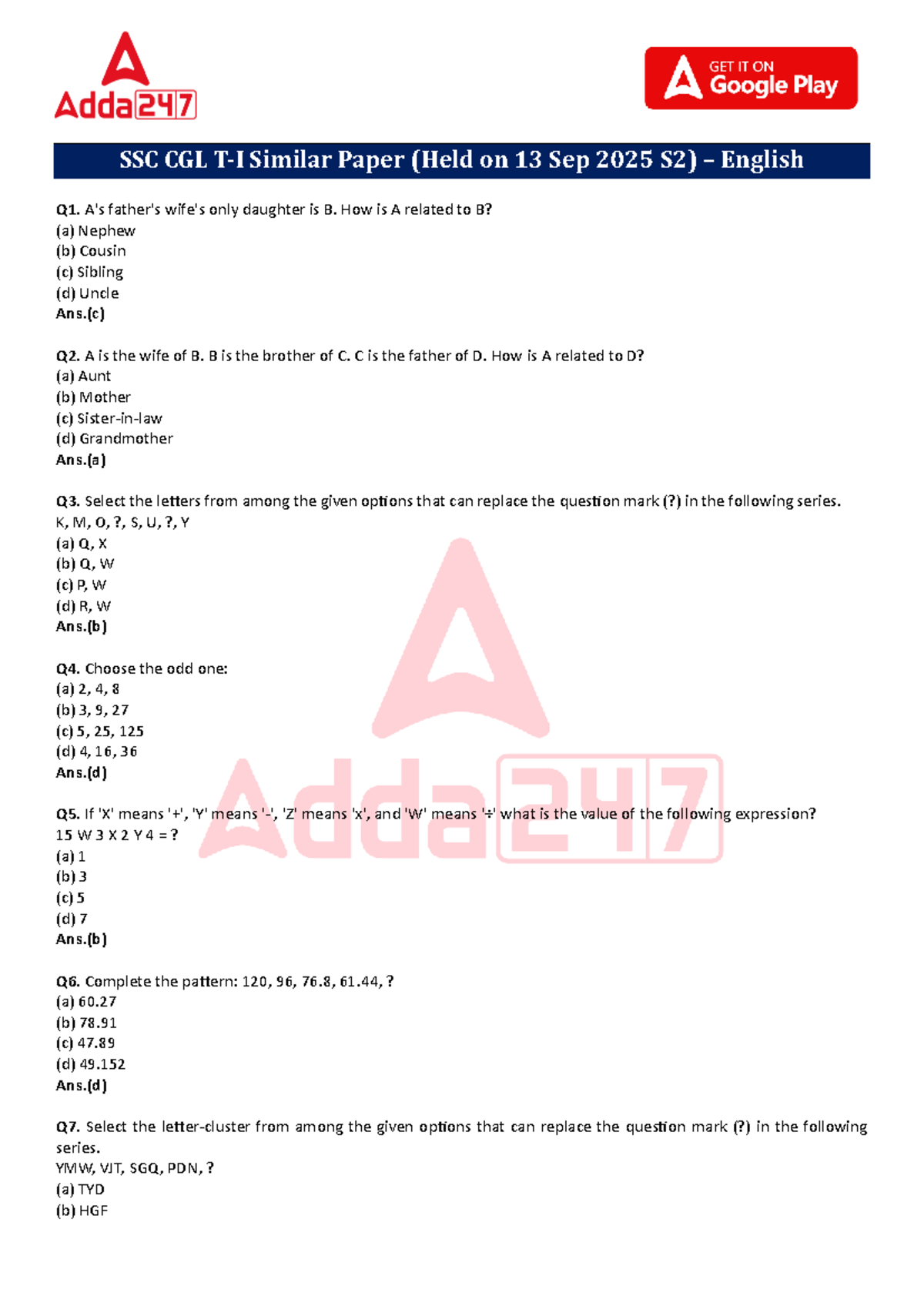 SSC CGL T I Similar Paper - English Questions & Answers (13 Sep 2025 S2 ...