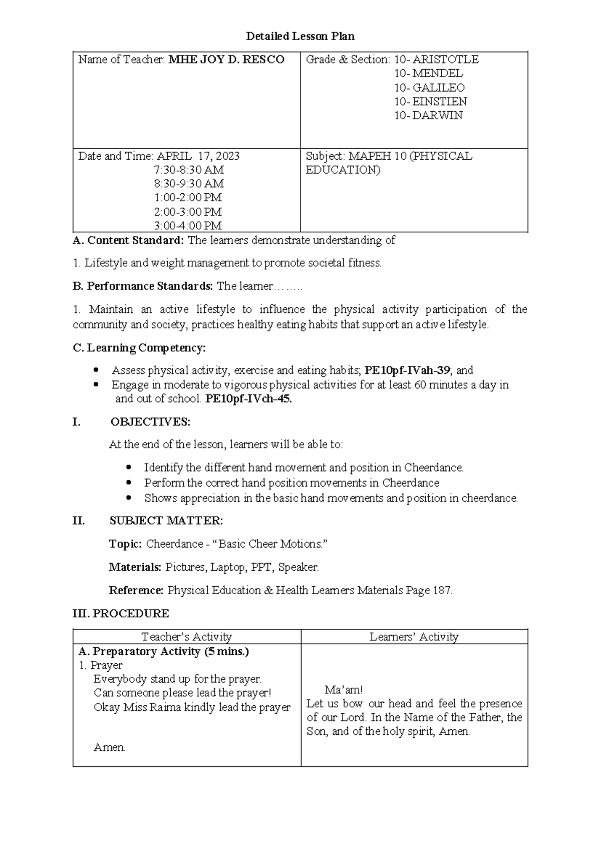 DLP: Detailed Lesson Plan on Basic Cheer Motions for Grade 10 MAPEH ...