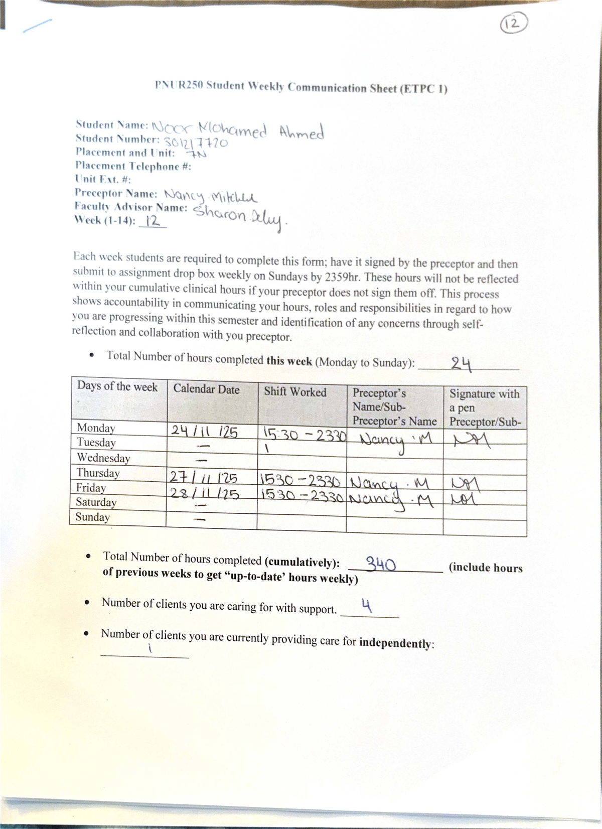 Week 12 PNUR250 Student Communication Sheet (ETPC 1) - Studocu