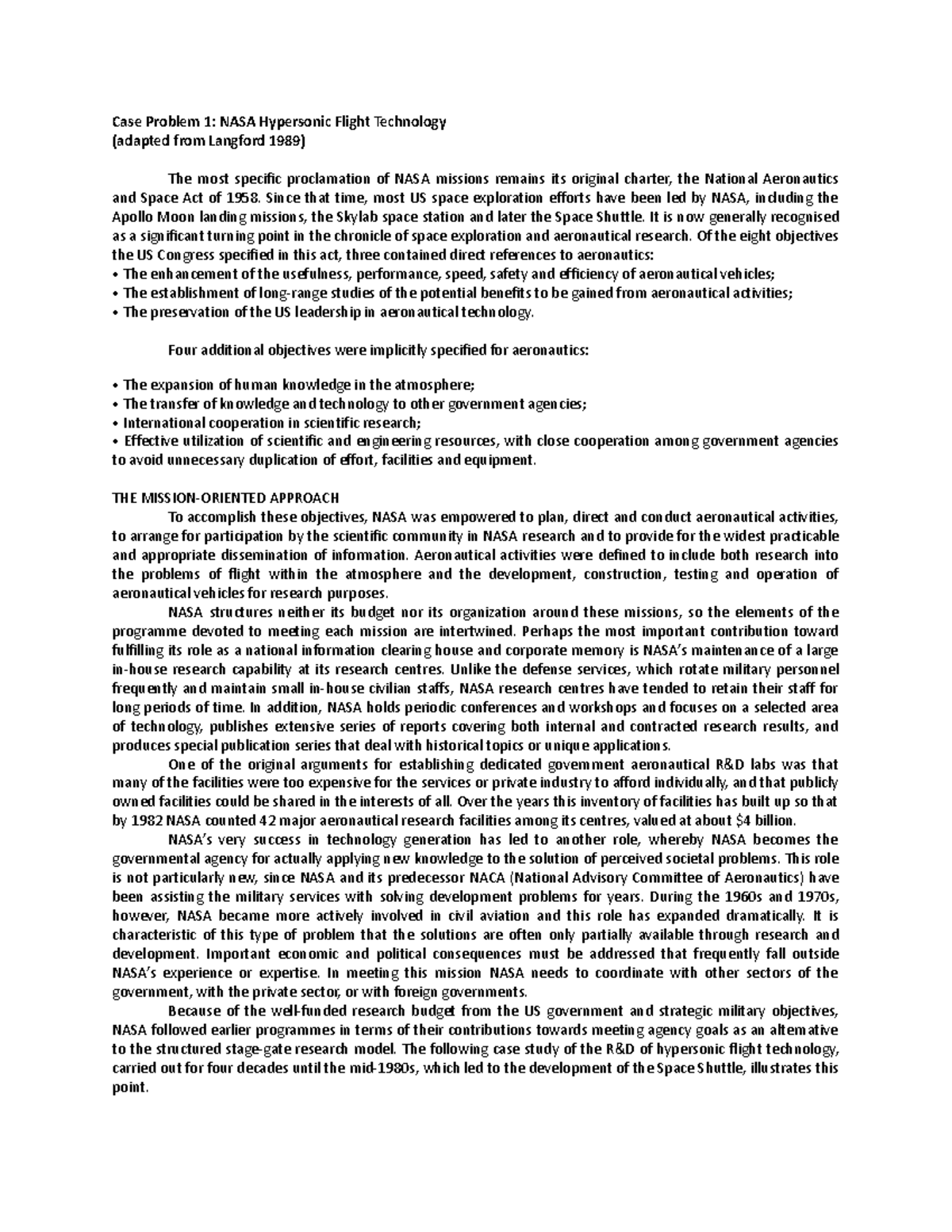 NASA Case Study: Hypersonic Flight Tech R&D (1940-1980) - Studocu