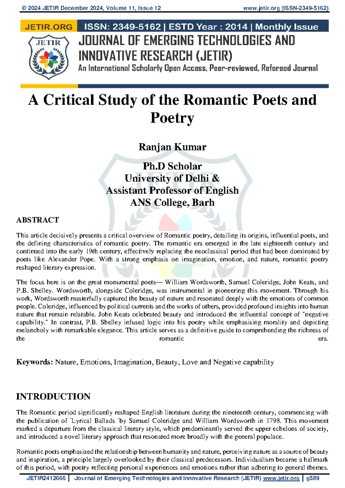 Critical Study of Romantic Poets and Poetry - JETIR 2024 - Studocu