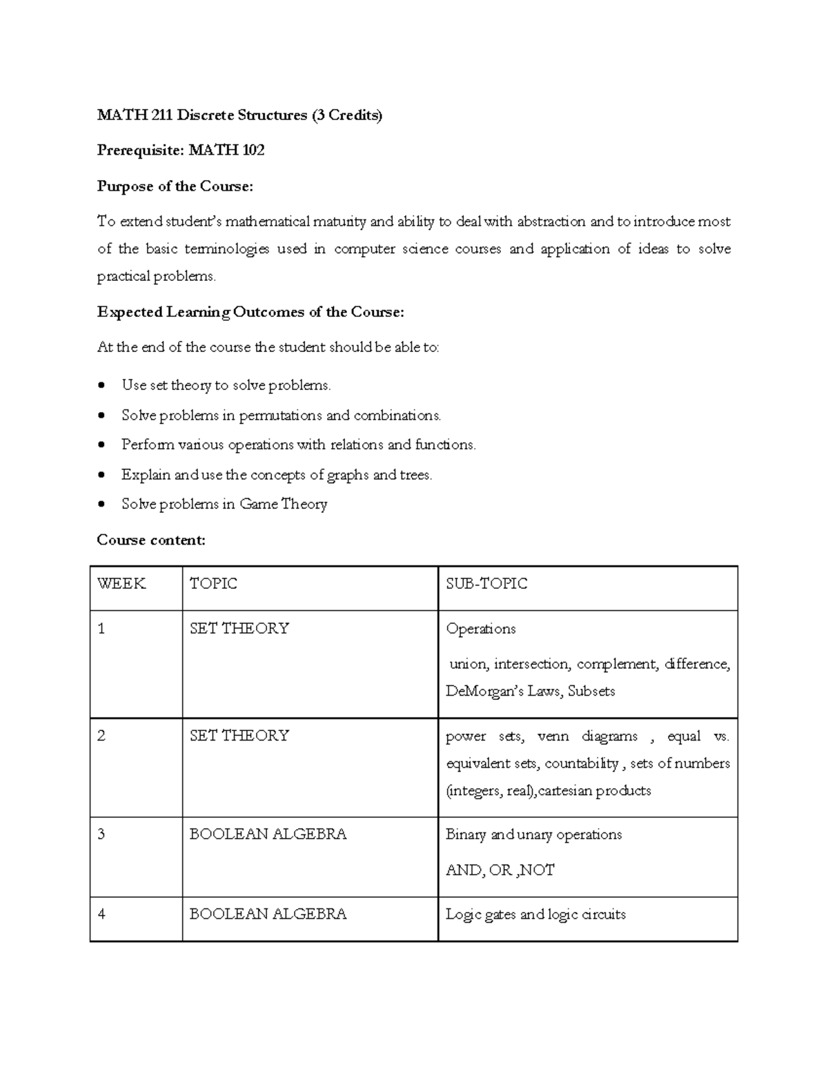 MATH 211 course outline - MATH 211 Discrete Structures (3 Credits) Prerequisite: MATH 102 ...