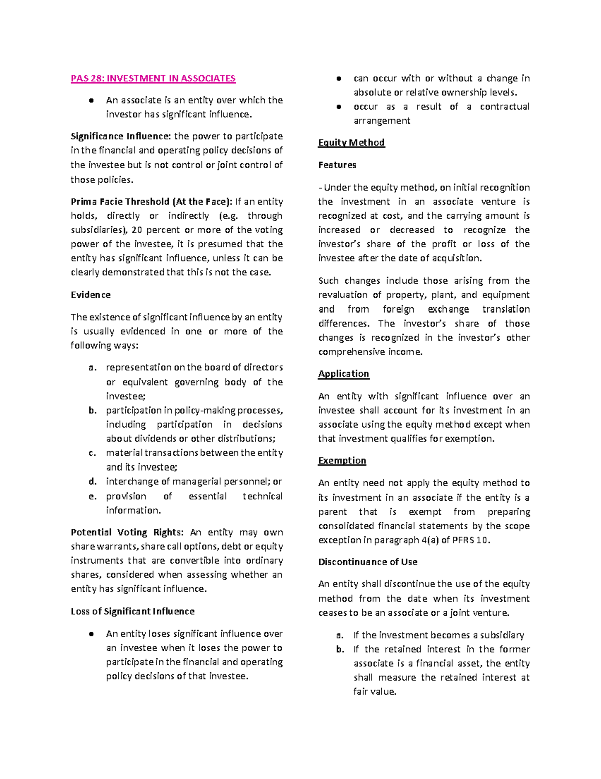 PAS 28 - Investment in Associates: Key Concepts and Equity Method - Studocu