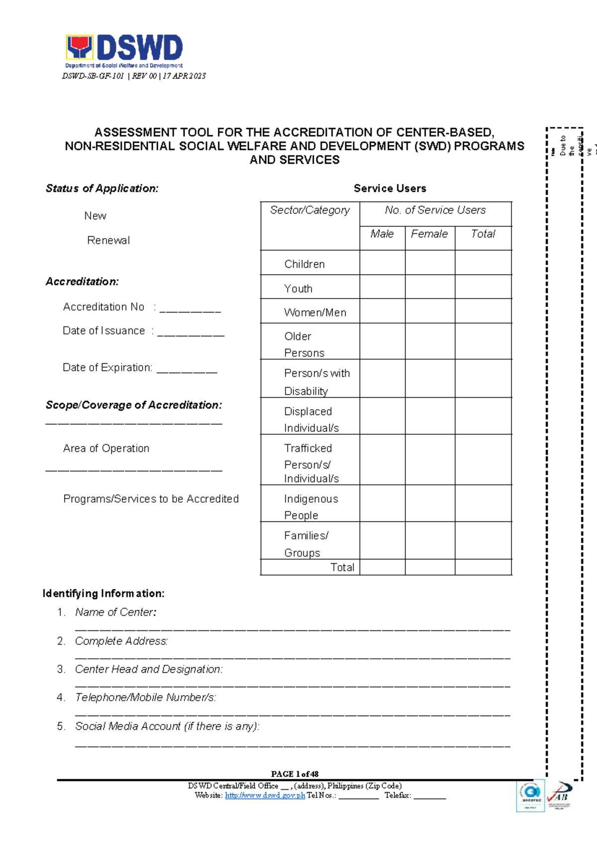 DSWD-SB-GF-101 REV-00 Assessment Tool for Accreditation of Centers ...