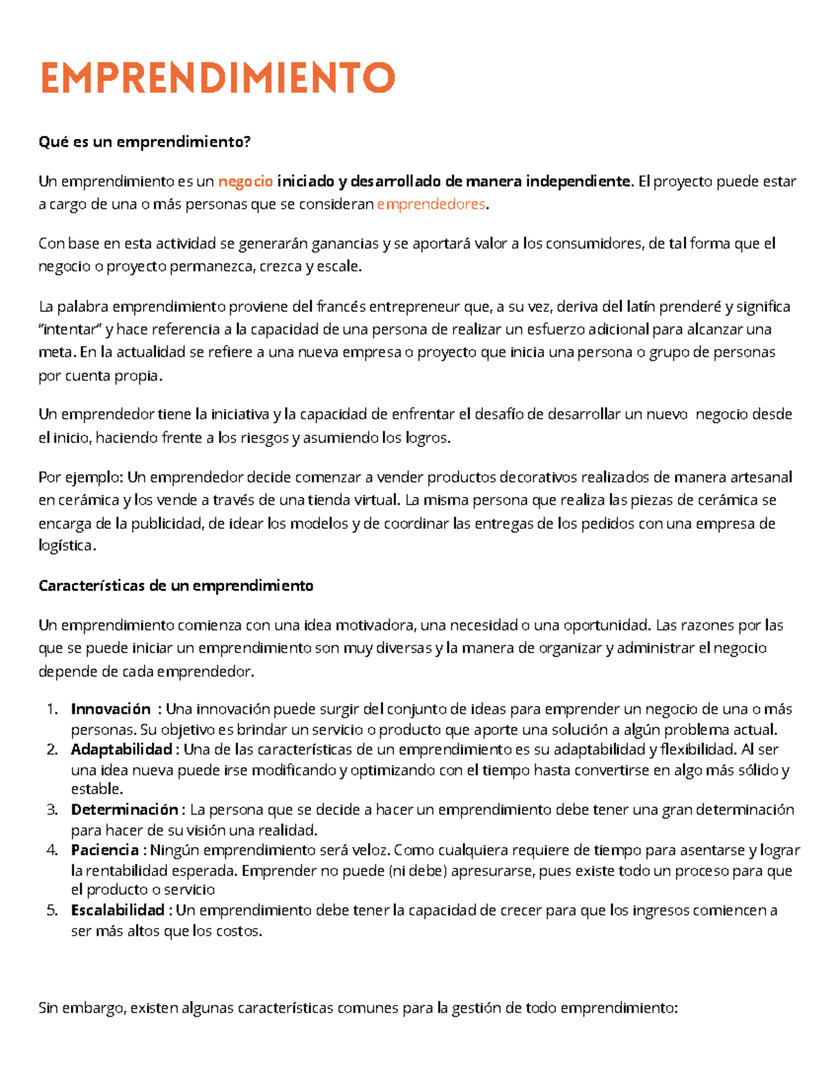 EMPRENDIMIENTO: Definición, Características y Desafíos Clave - Studocu