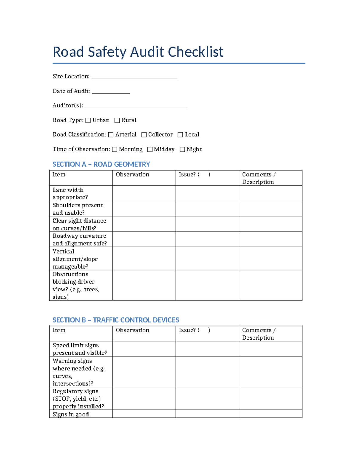 Road Safety Audit Checklist: Urban & Rural Assessments - Studocu
