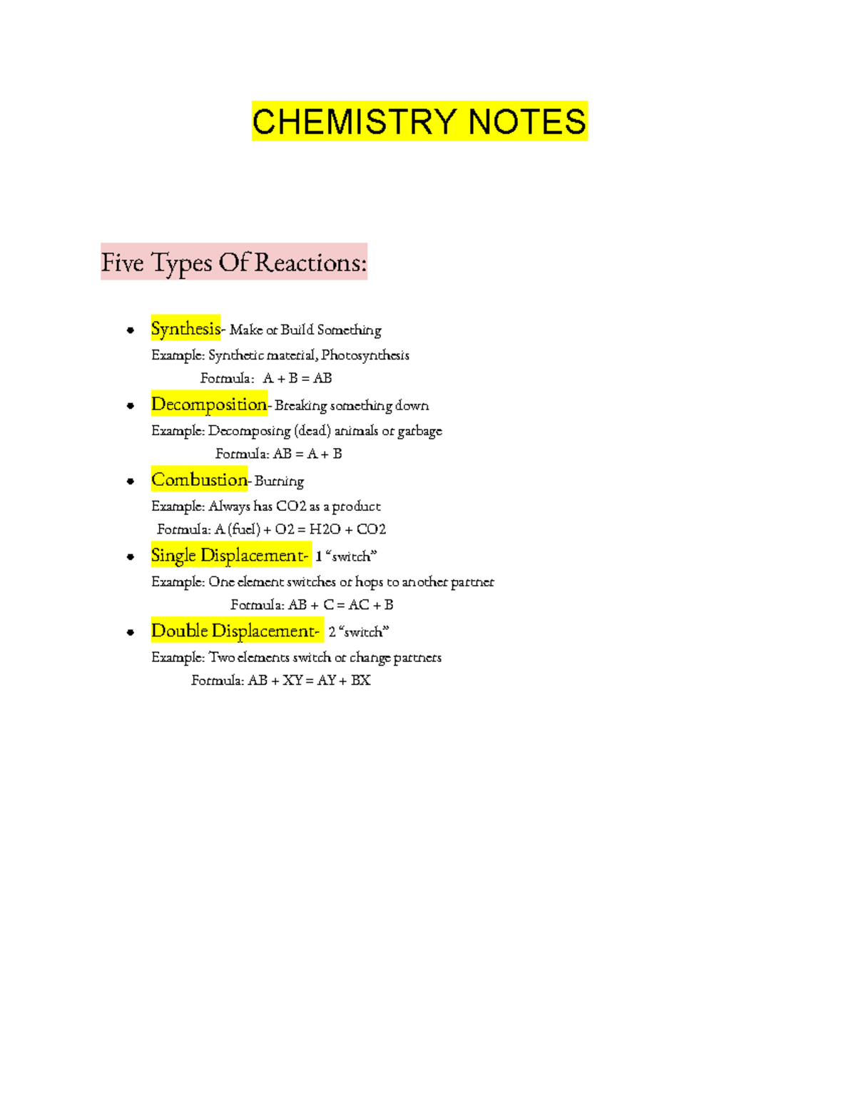 CHEM 101: Comprehensive Notes on Chemical Reactions and Equations - Studocu