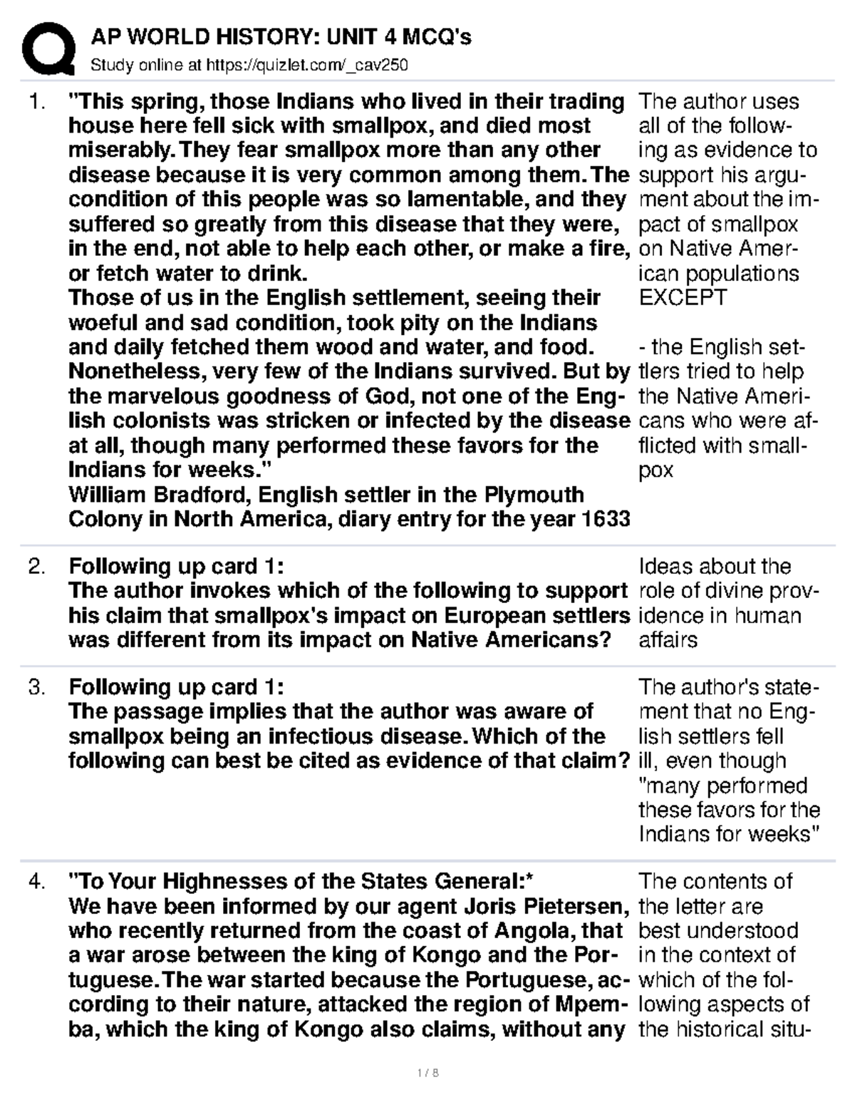 AP World History Unit 4 Multiple Choice Questions Review - Studocu