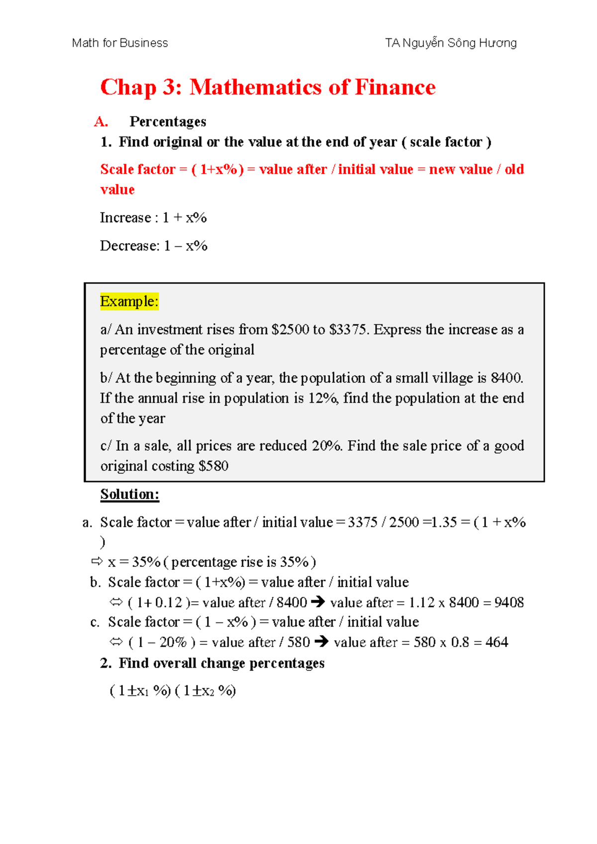 Chapter 3 review - ABC - Chap 3: Mathematics of Finance A. Percentages ...