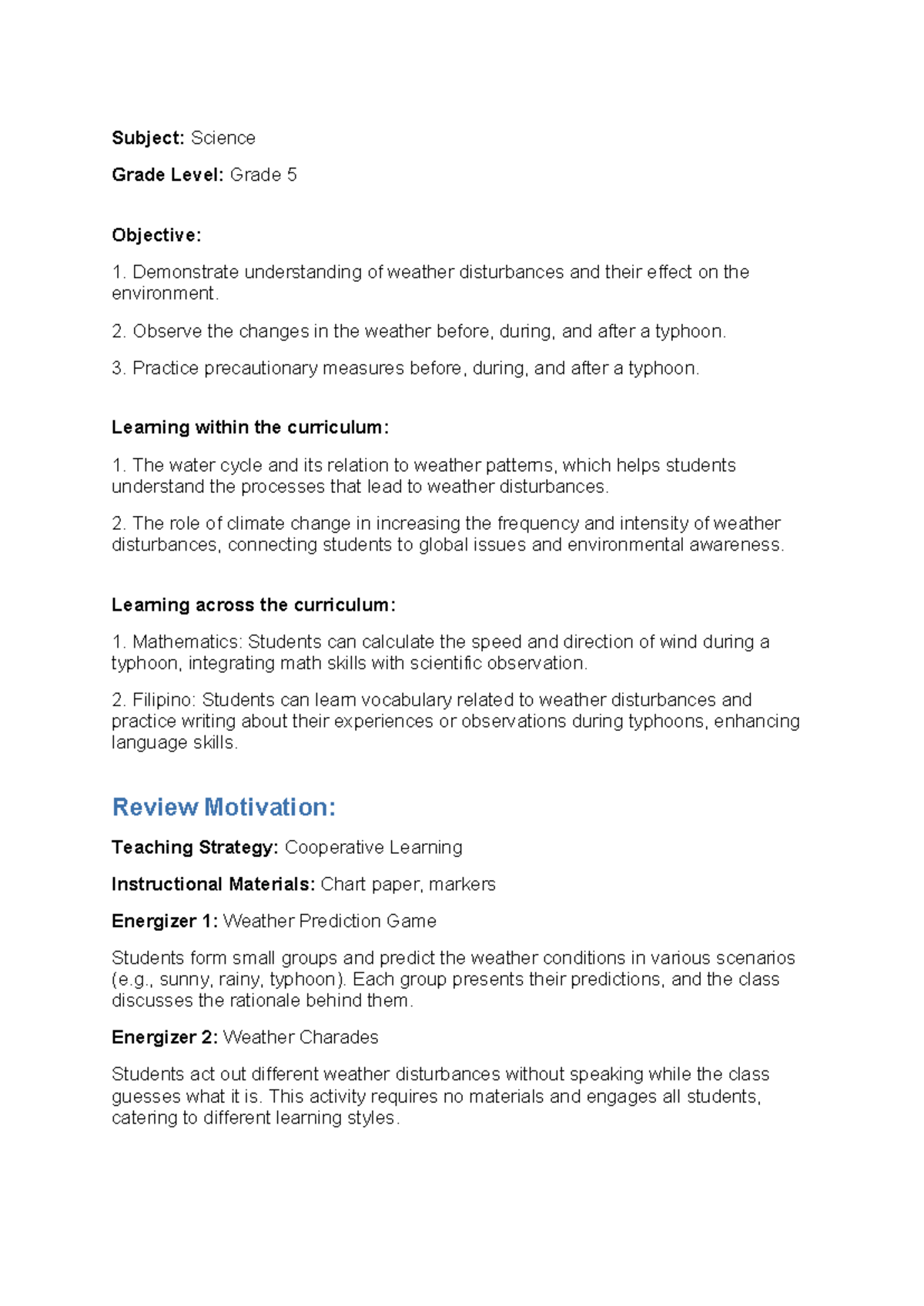 Lesson plan 2 - Subject: Science Grade Level: Grade 5 Objective: 1 ...