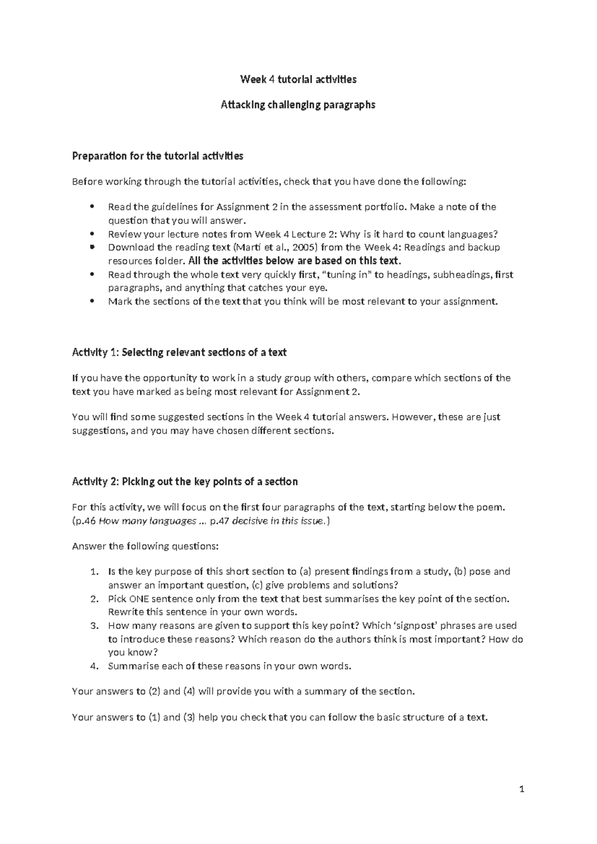 Week 4 tutorial activities: Preparing for assignment 2 on language ...