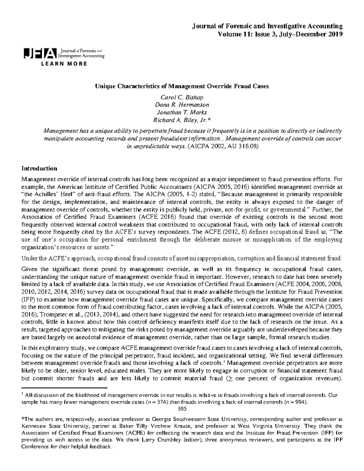 Unique Aspects of Management Override Fraud: An ACFE Study (FIN 2019 ...
