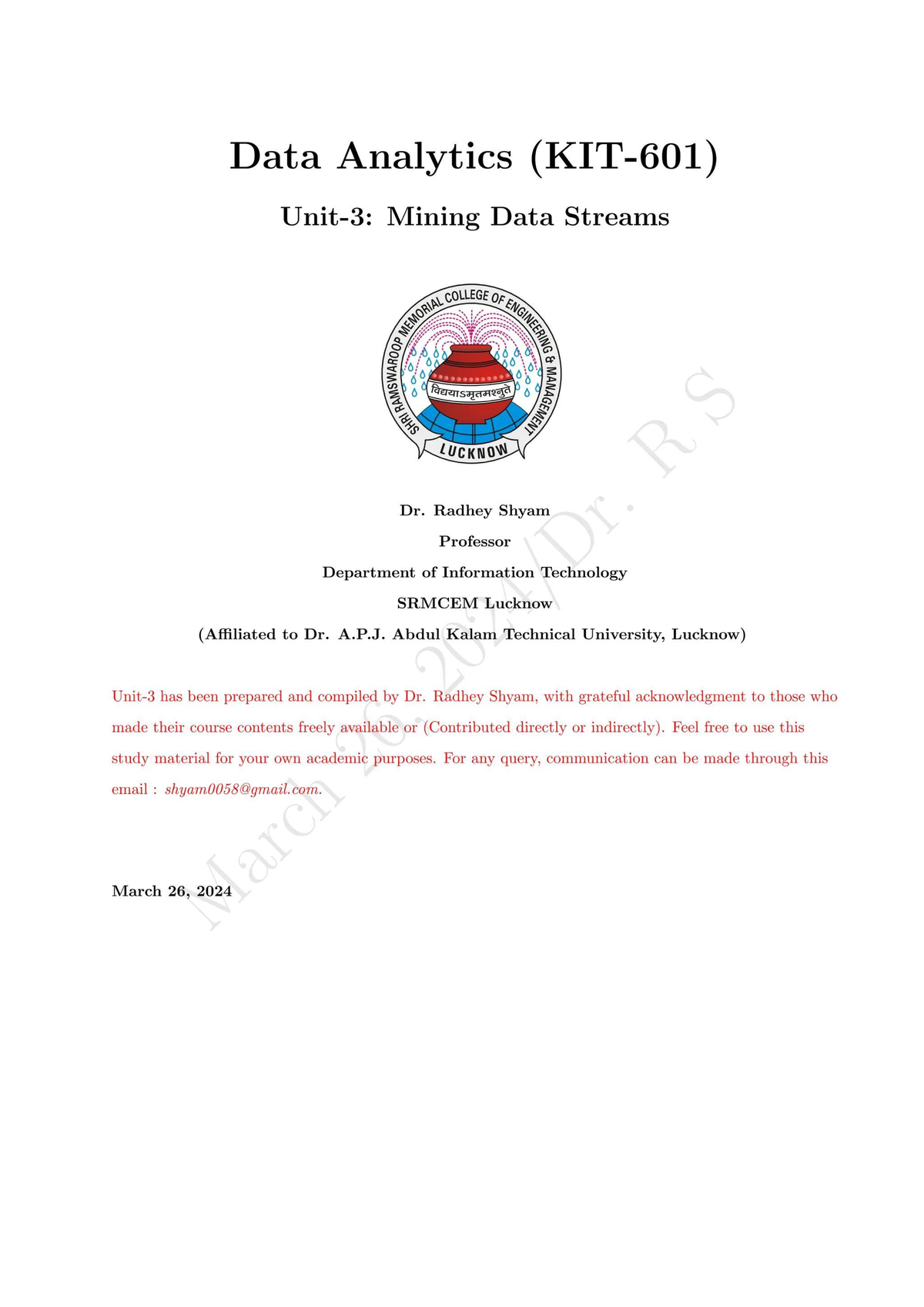 Data Analytics Mining Data Streams (KIT 601) - Course Notes - Studocu